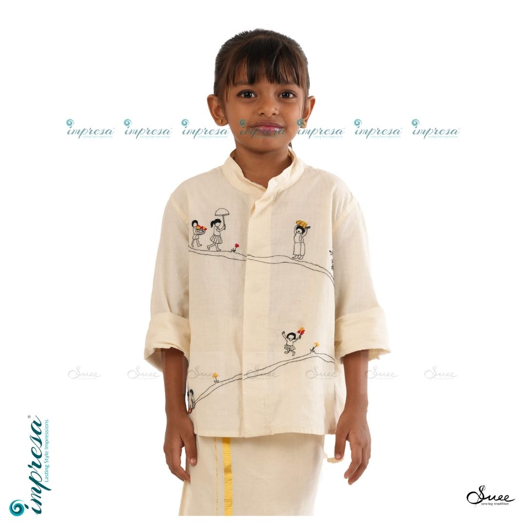 Handwoven Kids Shirt with Onam Doodle Embroidery - Impresa Store
